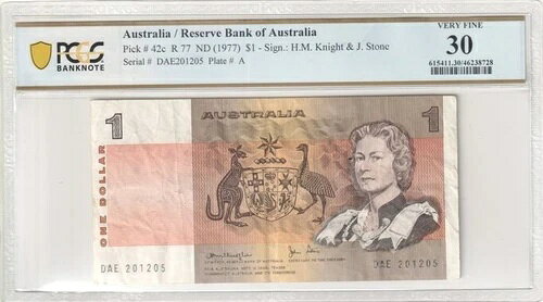 1977 $1 Australia/Reserve Bank of Australia PCGS VF 30 商品について流通/非流通非流通種類：紙幣年：1977年認証番号：46238728国：オーストラリアグレード：PCGS VF 30グ...