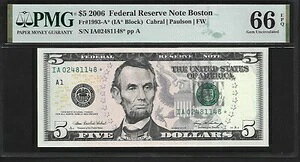 US 5 $ 2006 PMG 66 EPQ UNC Fr #1993-A*Star Note FRN Boston Cabral/Paulson/FW商品について売主メモ「UNC。PMGグレード。スターノート。」流通/非流通：非流通額面：...