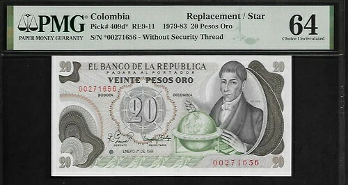 Colombia 20 Pesos Oro 1981 PMG 64 UNC P#409d* Replacement/Star.商品について販売者メモ「UNC。PMGグレード。交換/スター。」製造国/地域：コロンビア認証：PMG国：コロンビア...