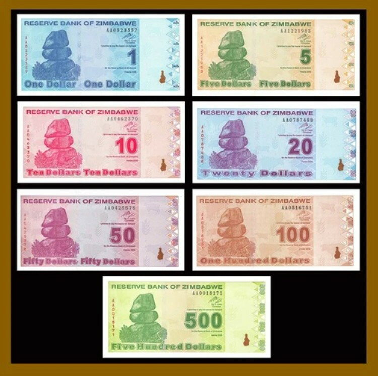 Zimbabwe 1 5 10 20 50 100 500 Dollars (7 Pcs Set), 2009 Revised Trillion Unc商品について販売者メモ「7枚、未使用」紙幣サイズ（縦 x 横）3 x 5 7/8インチグ...