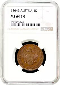 Austria 4 kreuzer 1864 B, NGC MS64 BN, "Emperor Franz Joseph I (1848 - 1916)"商品についてデノミネーション 4 クロイツァー循環/非循環 非循環組成 銅1864年カ...