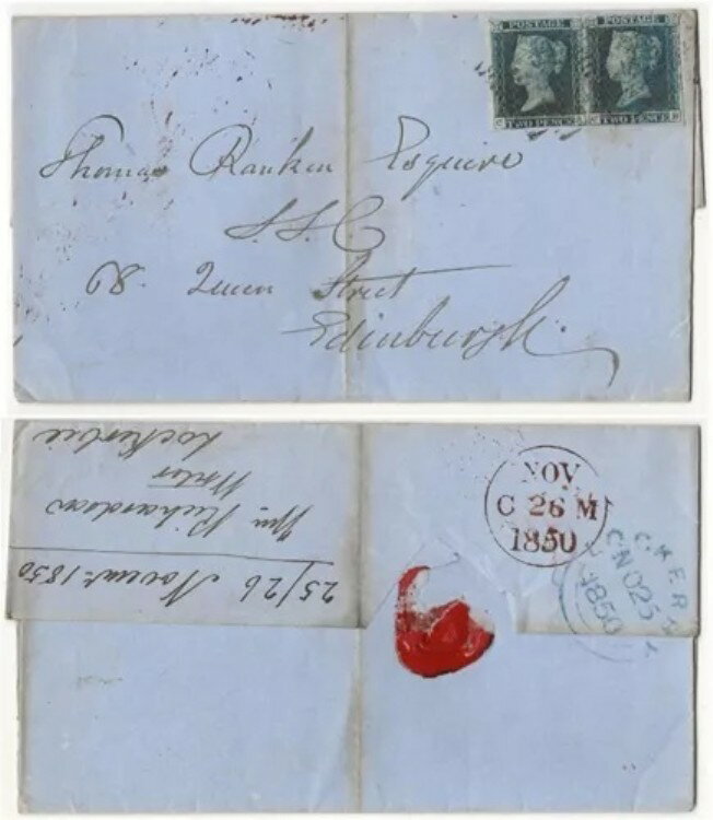 GB QV 1850 cover Lockerbie to Edinburgh SG 13 2d Blue Pair imperf. pl. 3商品について額面 2ペンス発行年 1850年品質 VG通貨 ?-s-d印刷方法 表面印刷グレード...