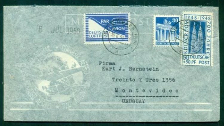 GERMANY, 1950, Flight cover to URUGUAY w/Airmail Authorization Stamp (Mi#1), VF商品についてタイプカバー原産地：ドイツおよび植民地品質：中古品グレード：VF（非常...