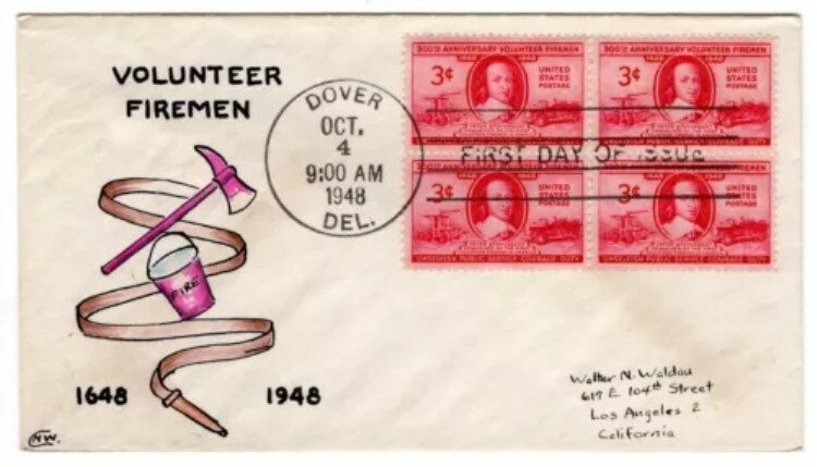 #971 Volunteer Firemen FDC 1948 - Hand-drawn Waldau商品について額面：3セント原産地：アメリカ合衆国品質：中古グレード：未鑑定製造国／地域：アメリカ合衆国テーマ：消防士消印の種類：発行初日認...
