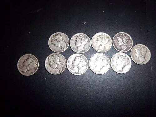 Mercury Dimes - A lot of 10 coins with varible dates from 1935 to 1945商品について流通/非流通 流通額面 10セントコイン マーキュリー組成 銀発行年 1945年打刻タイ...