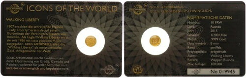 Rwanda 10 FRW Gold 2015 Icons Of The World Walking Liberty Prfr. 122633商品について留保度：不明金属/素材：ゴールド年：2015年製造国/地域：ルワンダブランド：ノーブラ...