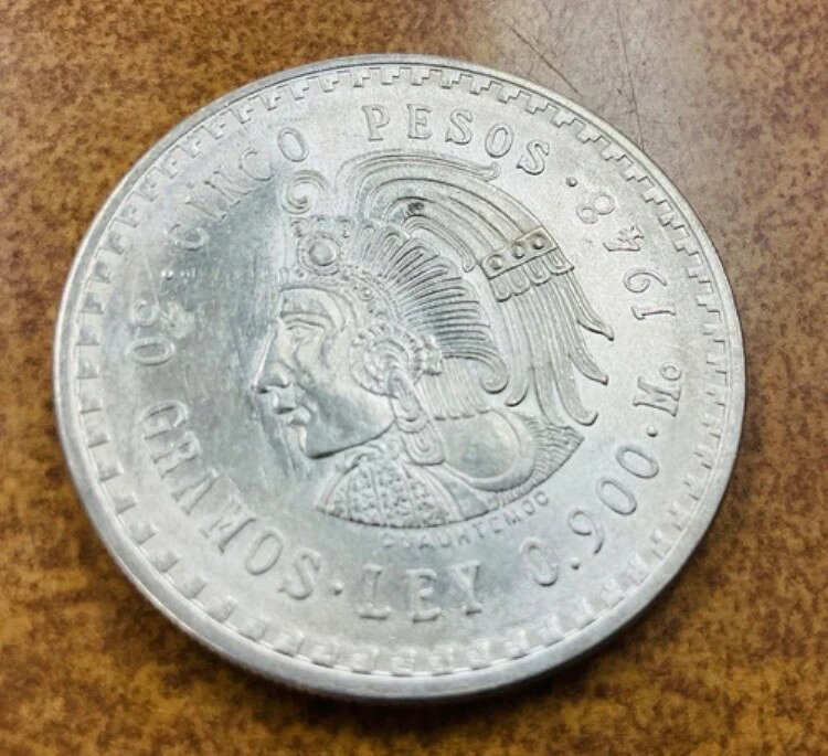 1948 Mexico Silver Cinco 5 Pesos .900 Ley CUAUHTEMOC - AU/BU.商品について販売者メモ「AU - 未流通クアウテモック5ペソ硬貨」額面：5ペソ流通/未流通：未流通時代：メキシコ（19...