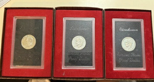 1972-S / 73-S / 74-S Eisenhower Proof Brown Box 40% SILVER Ike Dollars (OGP)商品について刻印の種類：プルーフ額面：1ドル材質：銀製造国／地域：アメリカ合衆国コイン：...