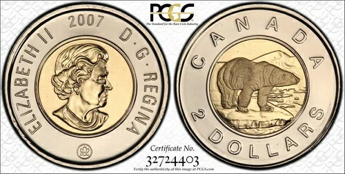 2007 $2 PCGS PL65 CANADA TOONIE PROOF HIGH GRADE商品について認定：PCGS修正アイテム番号：額面：2ドル製造国／地域：カナダ流通／非流通：非流通製造年：2007年グレード：MS 65注意事項※...