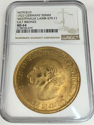 1923 Germany Notgeld Medal 50M Westphalia Gilt Bronze NGC MS64 Hyperinflation商品について時代：ワイマール共和国（1919〜1933年）構成：ブロンズ制作年：192...