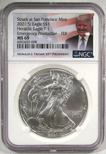 2021 (S) T-I Silver Eagle NGC MS69 Donald Trump Holder Emergency ProductionAQ333商品について販売者メモ「MS 69」認証：NGC額面：1ドル造幣局所在地：サンフ...