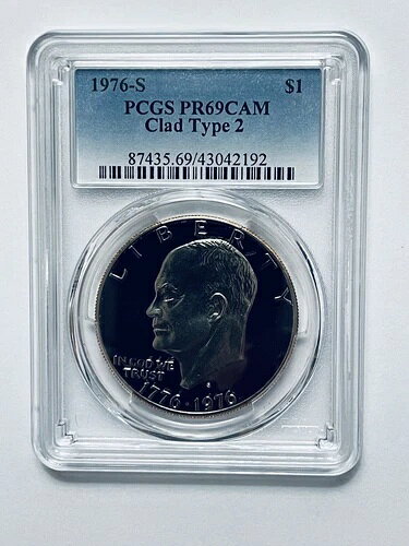 1976-S Eisenhower Dollar Clad Type 2 PCGS PR69CAM商品について製造国/地域：アメリカ合衆国コイン：アイゼンハワー認証：PCGS刻印の種類：プルーフ鋳造地：サンフランシスコグレード：PR 69製...