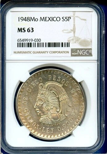 1948 Mo Mexico NGC MS63 Silver 5 Pesos S5P Cinco Pesos Cuauhtemoc Coin MS-63商品について販売者コメント「裏面のエンドロールの色合いがとても綺麗です。シャープな印象の...