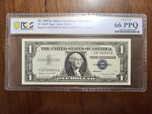 1957-A $1 Silver Certificate Star Note PCGS 66 PPQ GEM Fr 1620* Smith/Dillon商品について額面：1ドル流通/非流通：非流通種類：代替紙幣発行年：1957年グレード：E...