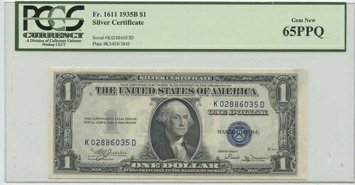 1935B $1 Silver Cert FR#1611 PCGS 65 Gem New PPQ商品について認定：PCGS通貨認定番号：59010208グレード：MS65流通/非流通：非流通額面：銀貨証明書タイプ：1611年：1935注意事...