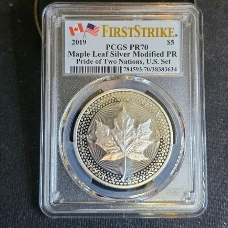 PR70 2019 PCGS SILVER MAPLE LEAF $5 PRIDE OF 2 NATIONS FDI .9999 pure silver商品について組成：銀認証番号：776340.70/37527207純度：0.9999刻印...