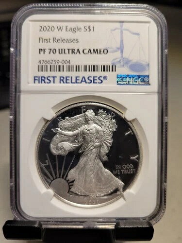 2020-W American Silver Eagle NGC PF70 UCAM First Releases商品についてアメリカンイーグルコイン組成：銀発行年：2020年刻印の種類：プルーフ純度：0.999グレード：PR 70単位1オ...