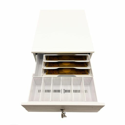 【手動キャッシュドロア】鍵を回すだけで簡単に開閉ができる手動式キャッシュドロア。電源不要の手動キャッシュドロアーです 【キャッシュドロア小型】小型ドロアー。紙幣3種、コイン6種、コンパクトのサイズで、空間を最大限に節約します。245(幅)x...