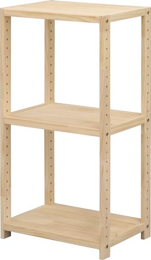 商品サイズ(約):幅425x奥行300x高さ830mm、天板サイズ(約):幅395x奥行300x厚み26mm、棚板調整用穴:25個、棚板調整間隔:32mm 材質:フレーム・棚板/天然木(無塗装) 耐荷重:棚板10kg/枚、全体30kg 組立...