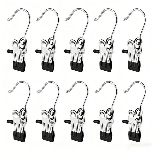 本品は、衣類を挟んで吊り下げ収納するパンツクリップ10個セットです。ステンレス製で錆びにくく、耐久性に優れた仕様となっております。 クリップ先端にはズレ防止ラバーを採用しております。衣類を傷つけずにしっかりと挟み、ズボンやスカート、タオルな...