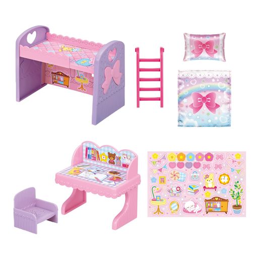 ポケットメルちゃんハウス用家具 対象年齢:3歳以上 セット内容:ベッド、デスク、いす、はしご、ふとん、まくら、デコシール1枚 ポケットメルちゃんのハウスで遊べるベッド&amp;デスクセット。かわいいベッドとデスクでポケットメルちゃんと遊びま...