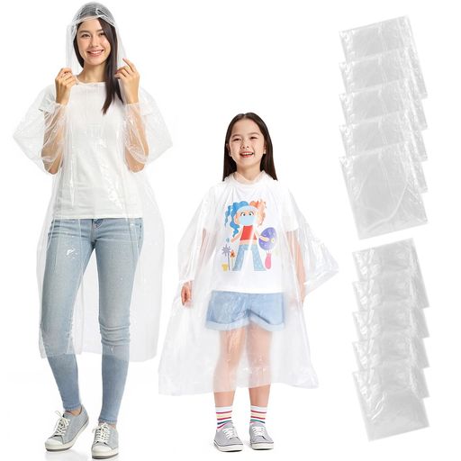 【商品仕様】パッケージ内容:10枚セット(大人用5枚+子供用5枚)大人用サイズ:着丈:約135cm(フード部分含め)身幅:約85cm袖丈:約75cm重量:約45g(1枚あたり)。子供用:着丈:約105cm(フード部分含め)身幅:約70cm袖...