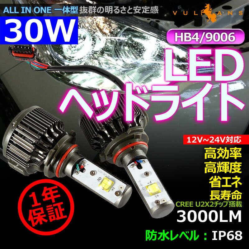 LEDヘッドライト HB4/9006 30W 12V/24V CREE U2X4 3000LM 6500K ホワイト 1年保証 LEDフォグランプ LEDバルブ 防水 IP68商品名：LEDヘッドライト HB4/9006 30W 12V/2...