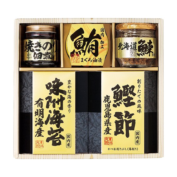 内容/鰊フレーク:50g×1・焼きのり佃煮:85g×1・鹿児島県産鰹節:2g×3袋×1・有明海産味付け海苔8切10枚×1・まぐろ油漬け:70g×1《小麦・えび》 賞味期限:常温540日