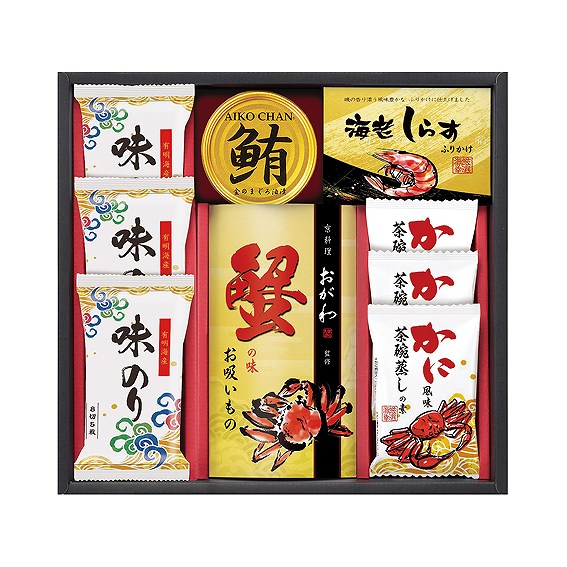 内容/蟹の味お吸いもの:3.8g×3袋×1・有明海産味のり:8切5枚×3・鮪油漬フレーク:70g×1・海老しらすふりかけ:3g×3袋×1・かに風味茶碗蒸しの素×3《乳・小麦・えび・かに》 賞味期限:常温1年2ヶ月