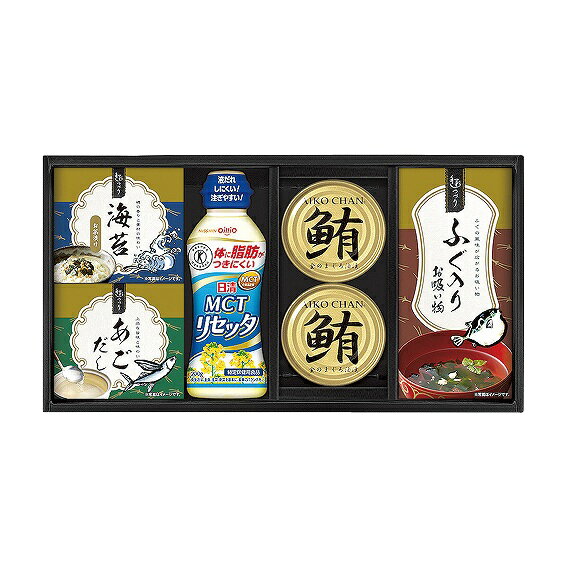 内容/日清MCTリセッタ:200g×1・ふぐ入りお吸い物:3.2g×3袋×1・海苔茶漬け:5.5g×2袋×1・あごだし:6g×2袋×1・鮪油漬けフレーク:70g×2《乳・小麦》 賞味期限:常温1年