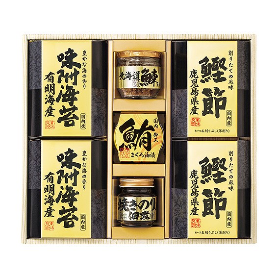 内容/鰊フレーク:50g×1・焼きのり佃煮:85g×1・鹿児島県産鰹節:2g×3袋×2・有明海産味付け海苔8切10枚×2・まぐろ油漬け:70g×1《小麦・えび》 賞味期限:常温540日