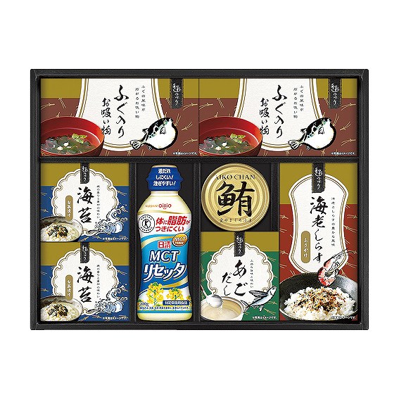 内容/日清MCTリセッタ:200g×1・海老しらすふりかけ:3g×3袋×1・海苔茶漬け:5.5g×2袋×2・あごだし:6g×2袋×1・ふぐ入りお吸い物:3.2g×3袋×2・鮪油漬けフレーク:70g×1《乳・小麦・えび》 賞味期限:常温1年