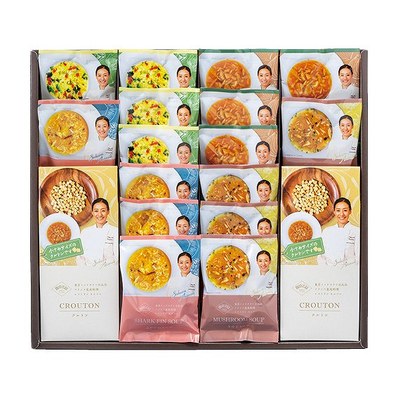 内容/オニオンスープ×4・野菜たまごスープ×4・きのこスープ×4・ふかひれスープ×4・クルトン:5g×2袋×2《卵・乳・小麦》 賞味期限:常温540日