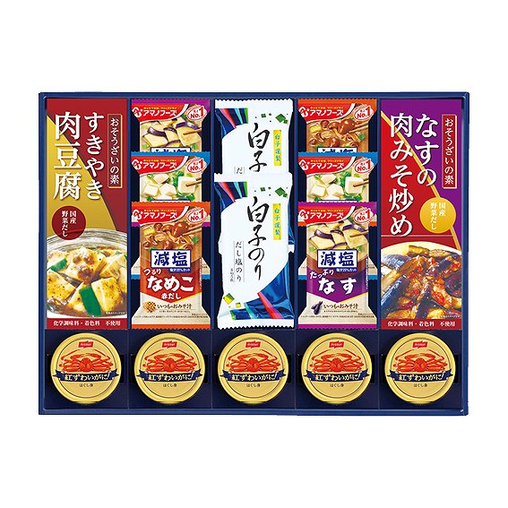 内容/白子のりだし塩のり:8切5枚×2・減塩いつものおみそ汁（とうふ）:10.3g×2・減塩いつものおみそ汁（なす）:9g×2・減塩いつものおみそ汁（なめこ）:8g×2・キッコーマンすきやき肉豆腐:140g×1・キッコーマンなすの肉みそ炒め...