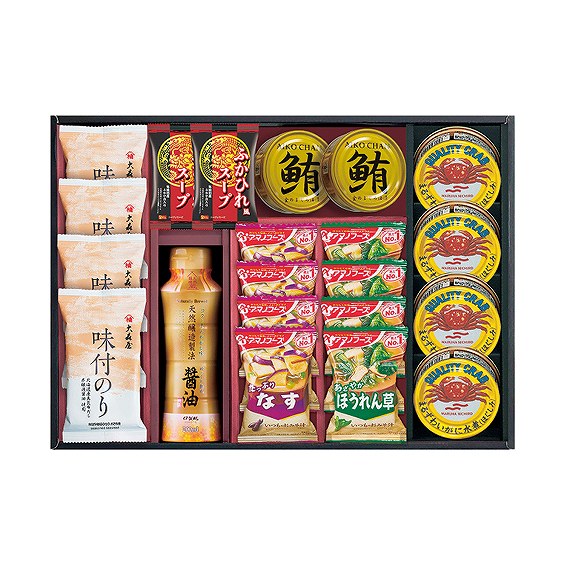 内容/天然醸造?醤油:200ml×1・アマノフーズいつものおみそ汁（なす）×4・アマノフーズいつものおみそ汁（ほうれん草）×4・大森屋味付のり:8切5枚×4・鮪油漬けフレーク:70g×2・ふかひれスープ×2・まるずわいがにほぐし身:55g×...