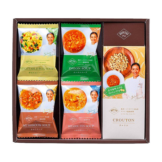 内容/オニオンスープ×1・野菜たまごスープ×1・きのこスープ×1・ふかひれスープ×1・クルトン:5g×2袋×1《卵・乳・小麦》 賞味期限:常温540日