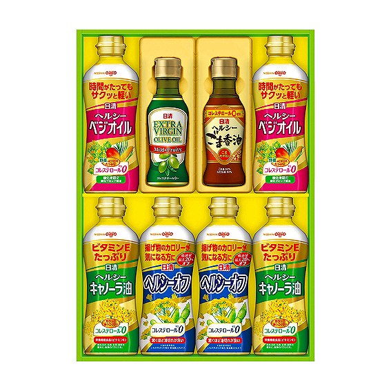 内容/ヘルシーキャノーラ油:350g×2・エキストラバージンオリーブオイル:145g×1・ヘルシーベジオイル:350g×2・ヘルシーごま香油:145g×1・ヘルシーオフ:350g×2 賞味期限:常温2年1ヶ月