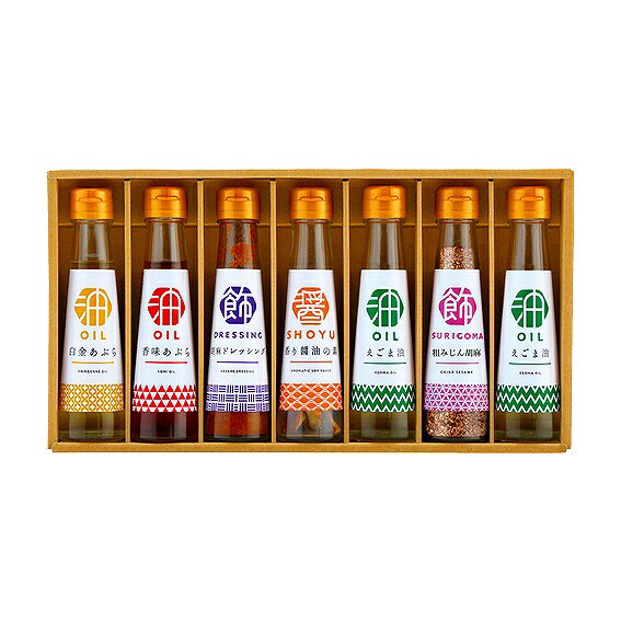 内容/白金あぶら:90g×1・香味あぶら:90g×1・胡麻ドレッシング:100ml×1・香り醤油の素:4.5g×1・粗みじん胡麻:45g×1・えごま油:90g×2《小麦》 賞味期限:常温365日