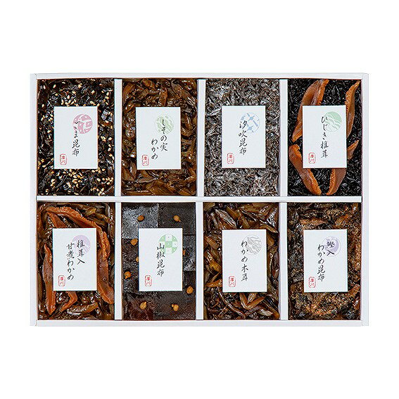 内容/ごま昆布:45g×1・しその実わかめ:45g×1・汐吹昆布:20g×1・山椒昆布:45g×1・ひじき椎茸:45g×1・椎茸入甘煮わかめ:45g×1・鰹入わかめ昆布:50g×1・わかめ木耳:50g×1《小麦》 賞味期限:常温10ヶ月