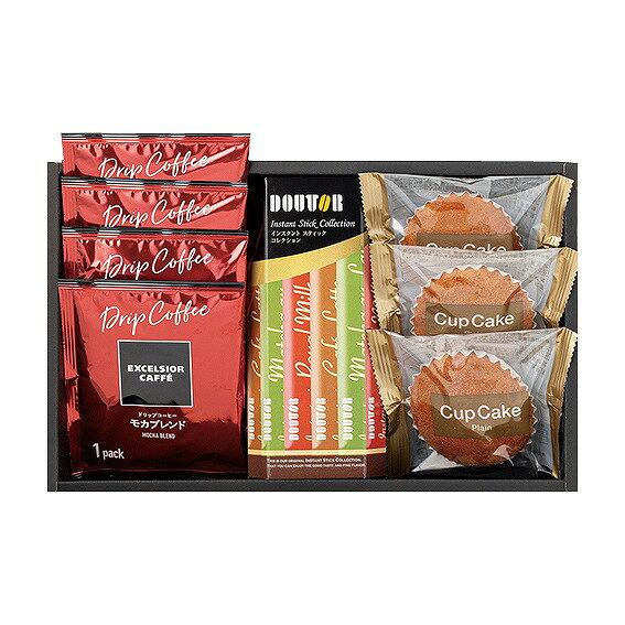 内容/エクセルシオールカフェドリップコーヒー（モカブレンド）×4・ドトールインスタントスティック抹茶オレ×2・ドトールインスタントスティックカフェラテ×2・ドトールインスタントスティックロイヤルミルクティー×2・カップケーキ（プレーン）×3...