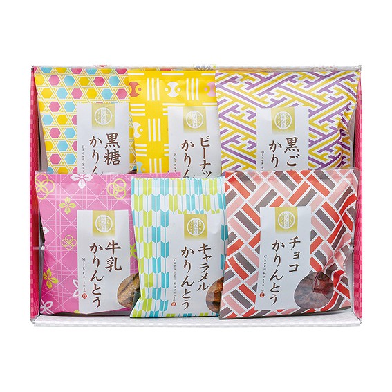 内容/黒ごまかりんとう:45g×1・黒糖かりんとう:45g×1・牛乳かりんとう:45g×1・ピーナッツかりんとう:45g×1・チョコかりんとう:45g×1・キャラメルかりんとう:45g×1《乳・小麦・落花生》
