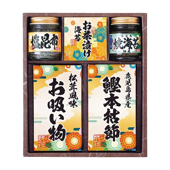 内容/焼きのり入り佃煮:85g×1・鰹本枯節:2.5g×3袋×1・永谷園お茶づけ海苔:4.7g×2袋×1・永谷園お吸い物松茸風味:2.3g×4袋×1・塩昆布:18g×1《小麦》