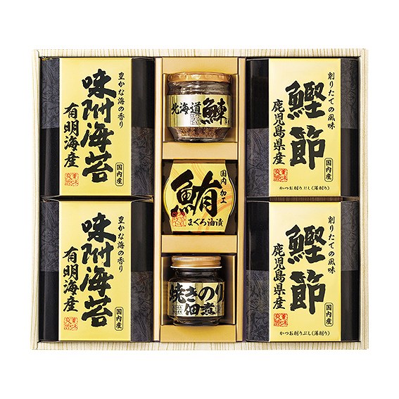 内容/鰊フレーク:50g×1・焼きのり佃煮:85g×1・鹿児島県産鰹節:2g×3袋×2・有明海産味付け海苔8切10枚×2・まぐろ油漬け:70g×1《小麦・えび》