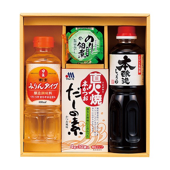 内容/サンビシ本醸造しょうゆ:500ml×1・日の出割烹みりんタイプ:400ml×1・島乃香のり佃煮:80g×1・マルトモ直火焼本かつおだしの素:（4g×10袋）×1《乳・小麦》