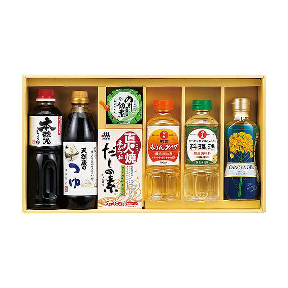内容/昭和キャノーラ油:300g×1・サンビシ本醸造しょうゆ:500ml×1・伊賀越天然蔵のつゆ:500ml×1・日の出割烹みりんタイプ:400ml×1・日の出料理酒:400ml×1・島乃香のり佃煮:80g×1・マルトモ直火焼本かつおだしの...