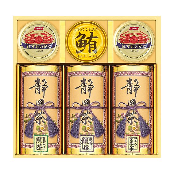 内容/煎茶（銀撰）:80g×1・抹茶入り煎茶:80g×1・抹茶入り玄米茶:80g×1・紅ずわいがにほぐし身:55g×2・鮪油漬フレーク:70g×1《かに》