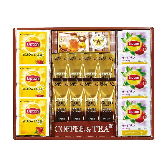 内容/ネスカフェゴールドブレンドカフェラテ:7g×4・ネスカフェゴールドブレンドカフェラテ（コク深め）:7g×4・リプトンイエローラベル:2g×3・リプトンダージリン:2g×3・純粋はちみつ:15g×2《乳》