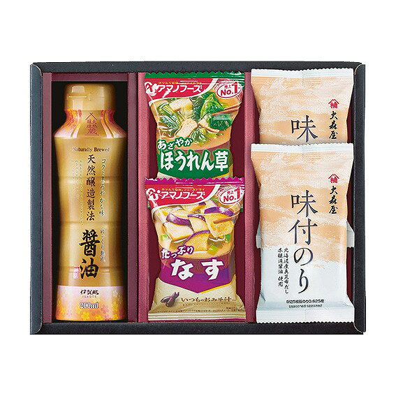 内容/天然醸造醤油:200ml×1・アマノフーズいつものおみそ汁（なす）×1・アマノフーズいつものおみそ汁（ほうれん草）×1・大森屋味付のり:8切5枚×2《小麦・えび》