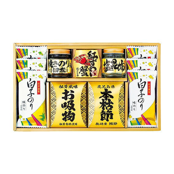 内容/鹿児島県枕崎産鰹本枯れ節:2.5g×2袋×1・白子のり味のり:8切5枚×6・焼きのり佃煮:85g×1・松茸風味お吸い物:2.3g×3袋×1・塩昆布:18g×1・紅ずわいがにほぐし身:55g×1《小麦・えび・かに》