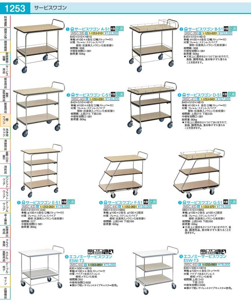 ●幅×奥行×高さ(mm):840×510×1040●使い易い用途の広いサービスワゴン。ラウンジ、メンダイ、グリル、ドライブイン、喫茶等に適します。スナック、ケーキ、ティー、ドリンクなどのサービスに使用します。●車輪:φ100×4自在(2輪ス...